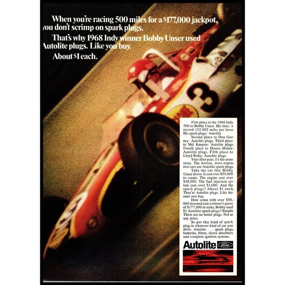 Ford | Art | 968 Ford Autolite Car Parts Vintage Print Ad Al Unser Indy ...